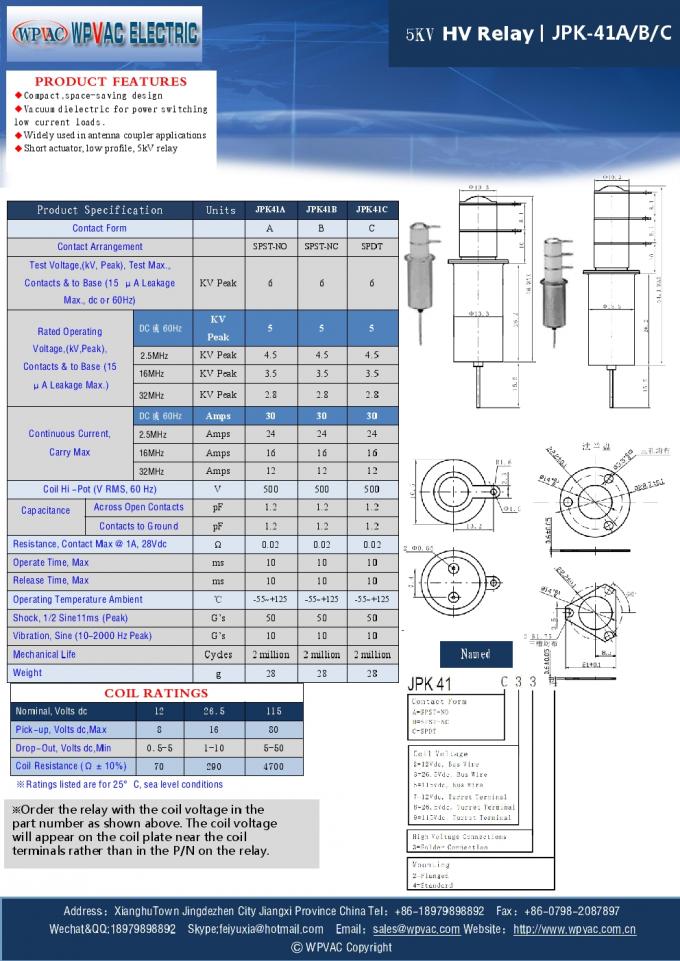 SPDT 5KV JPK41C834 26.5VDC Carrying 25A High Voltage RF Relay Switch